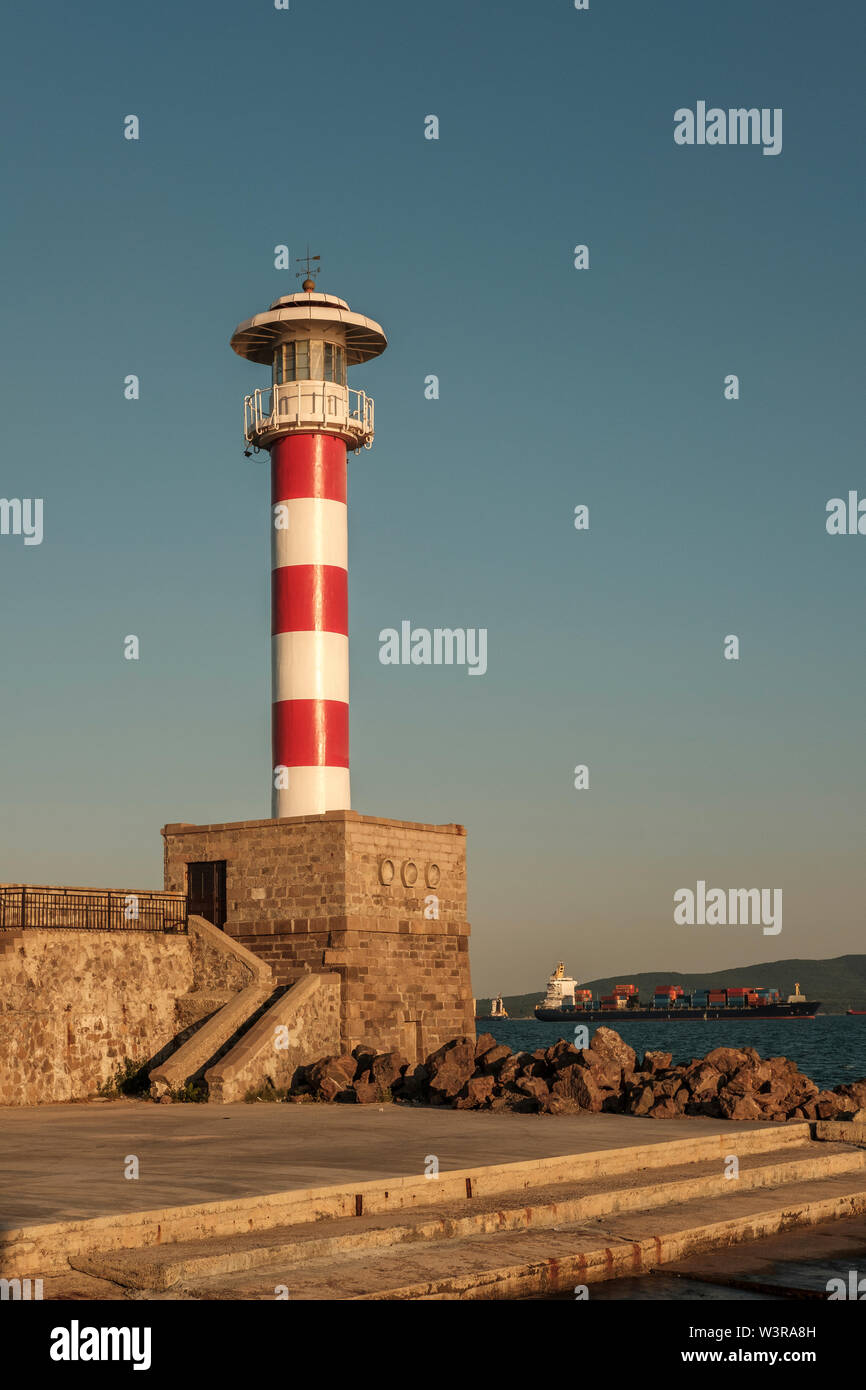 Lighthouse at the the entrance of The Port Of Burgas on a sunny summer ...