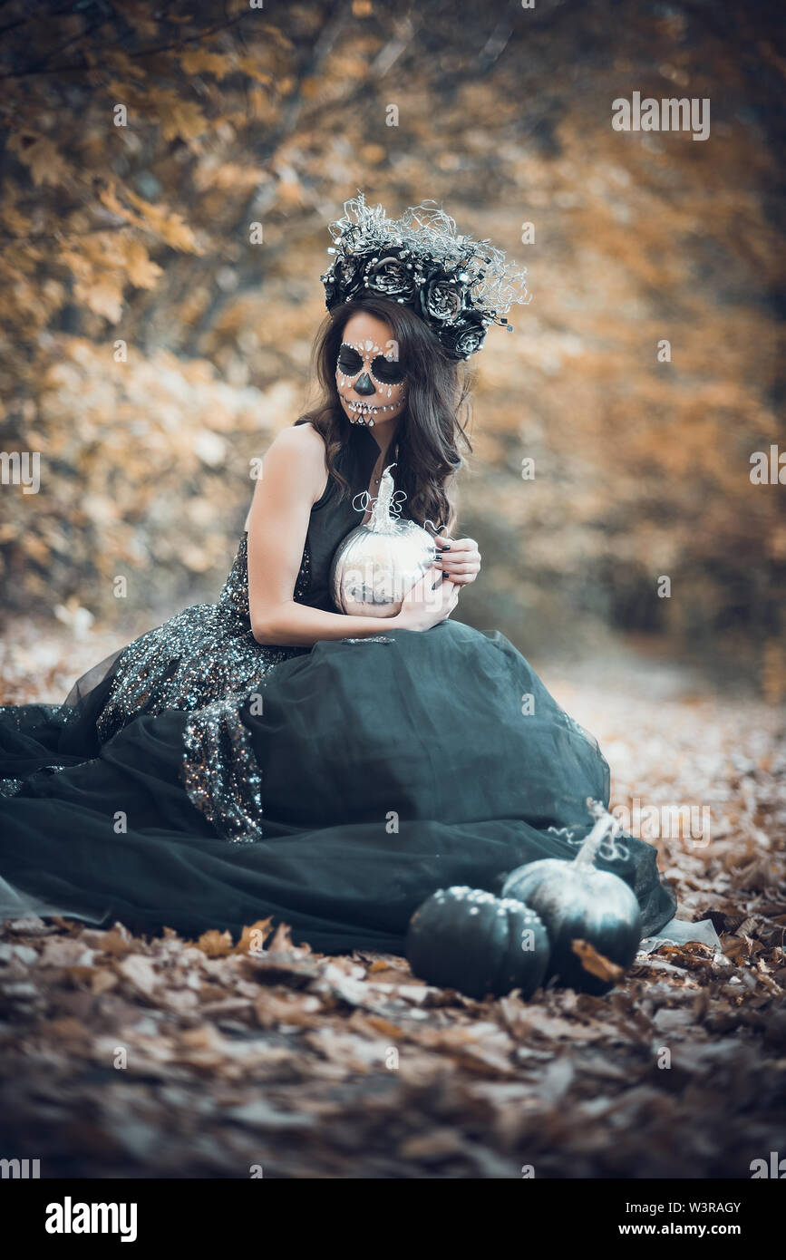 Closeup portrait of Calavera Catrina in black dress. Sugar skull makeup ... Closeup portrait of Calavera Catrina in black dress. Sugar skull makeup ...