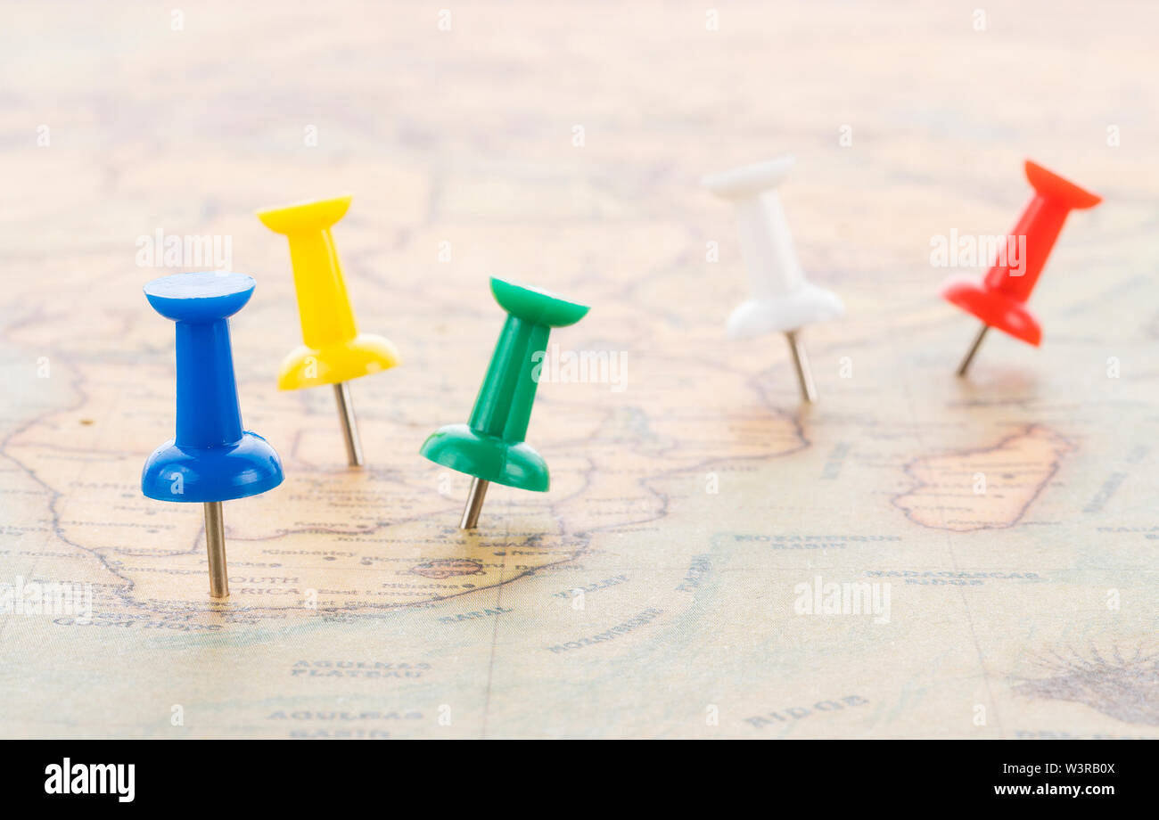 closeup destination and pin on the map Stock Photo - Alamy
