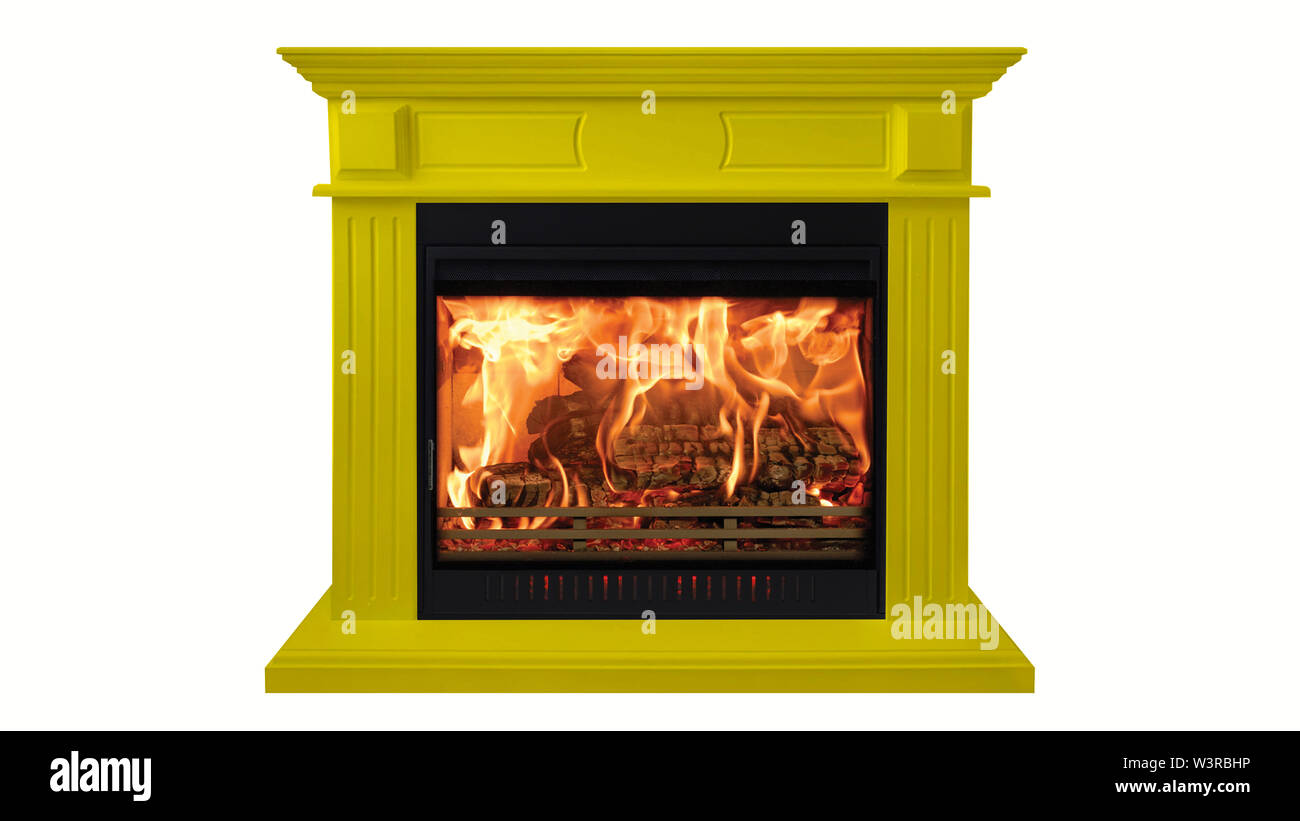 Yellow colorful burning classic fireplace isolated on white background ...