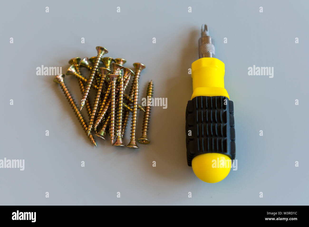 screwdriver and bolts isolated on gray background. Repair and ...