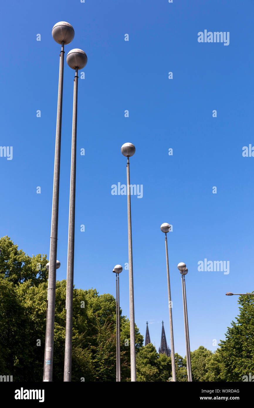 street lamps in the district Deutz, steeples of the cathedral, Cologne ...