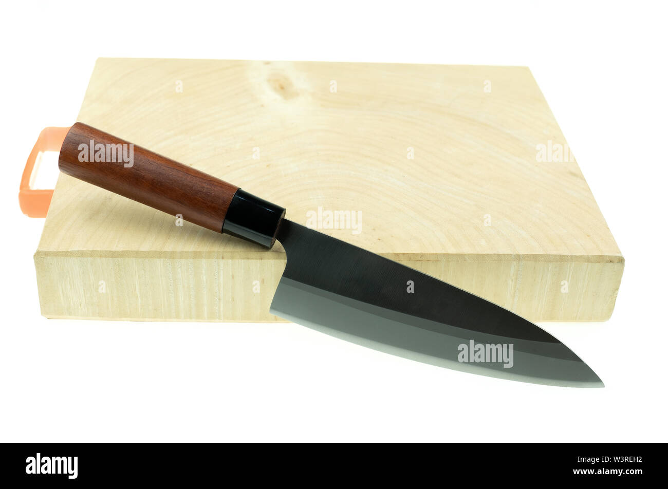 kitchen knife and wood butcher block countertop on white background ...