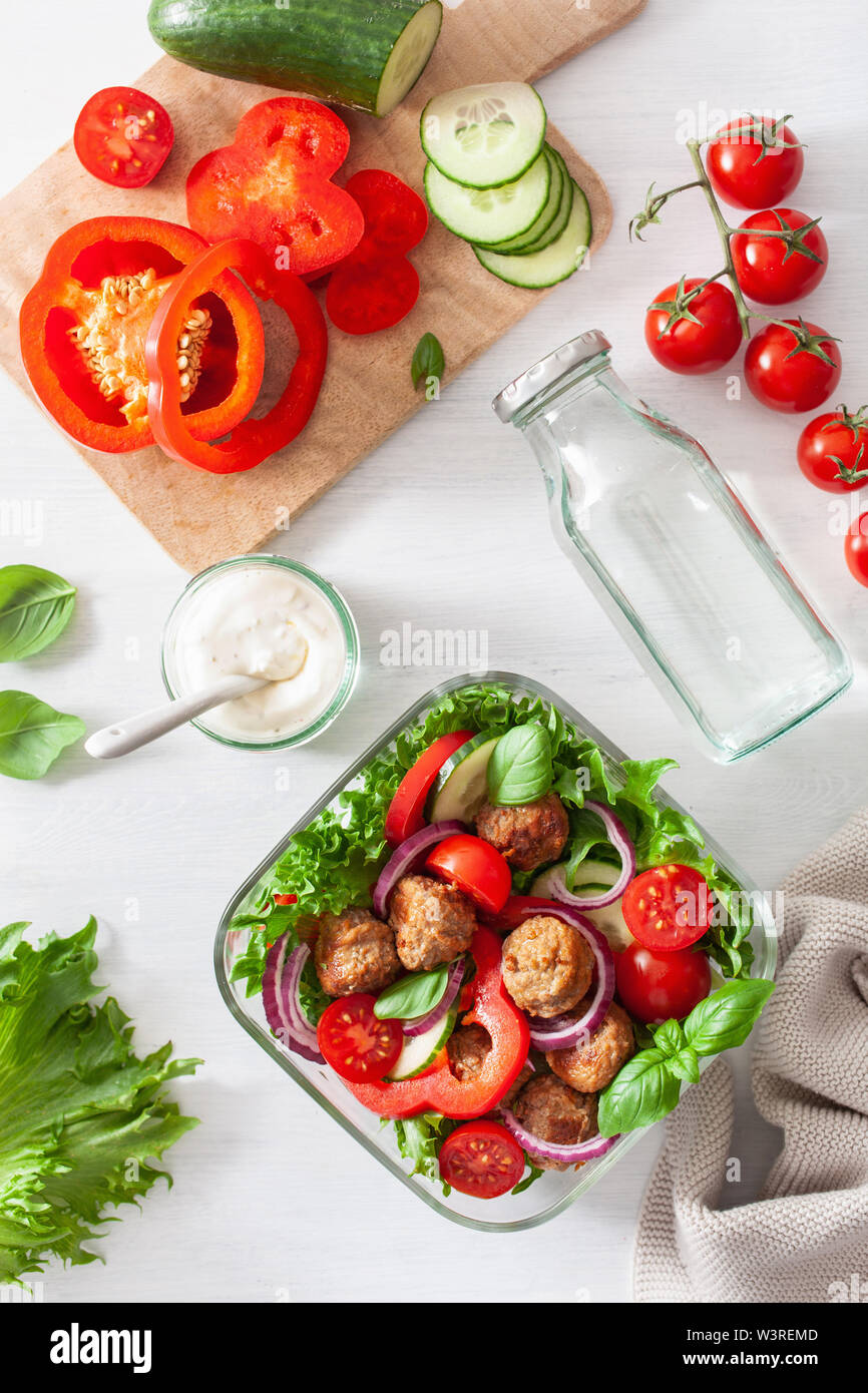 keto paleo lunch box with meatballs, lettuce, tomato, cucumber, bell ...