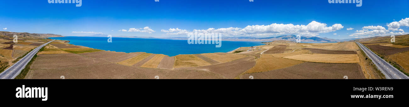 Aerial view of Lake Van the largest lake in Turkey, lies in the far ...
