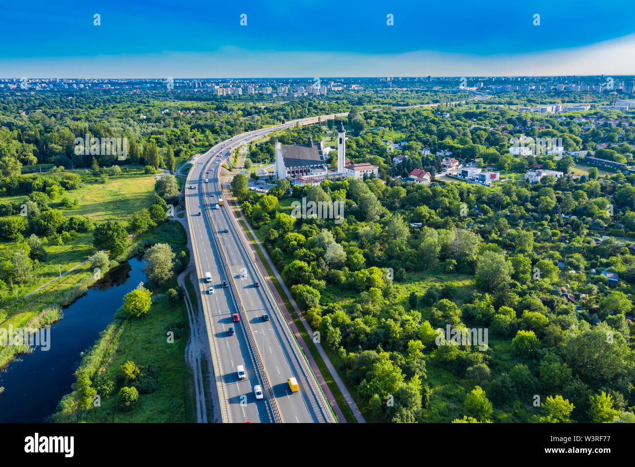 Aerial Drone Flight top down View of freeway busy city rush hour heavy ...