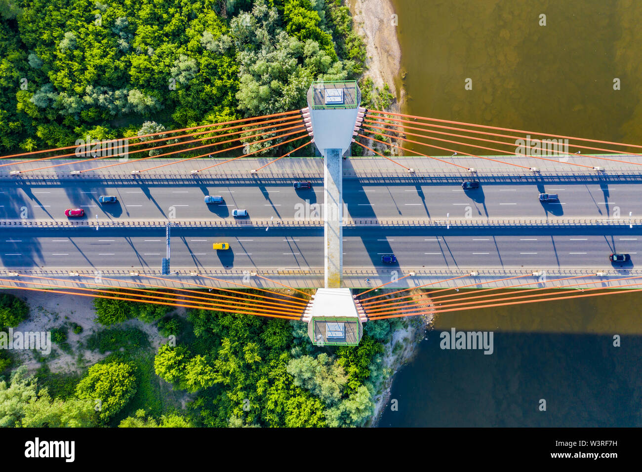 Aerial Drone Flight top down View of freeway busy city rush hour heavy ...