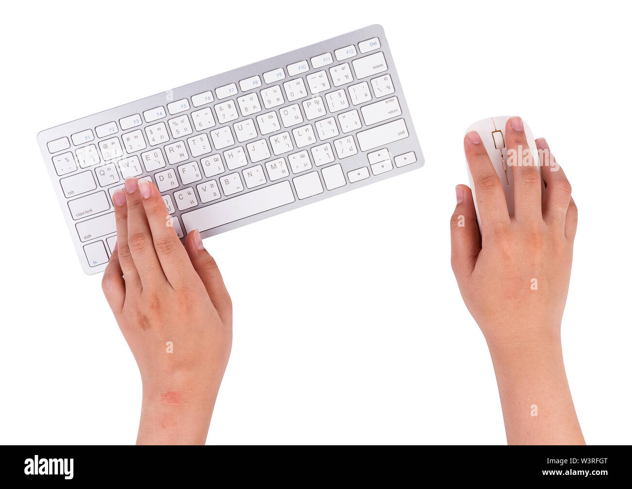 Woman working at home office hand on keyboard on white background Stock ...