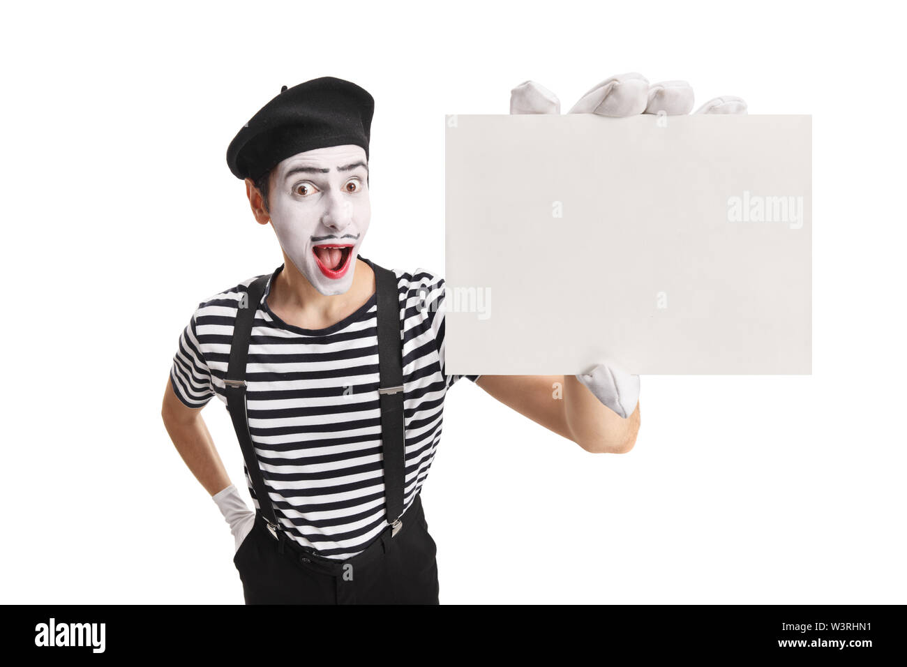 Mime with a blank card showing at the camera isolated on white ...