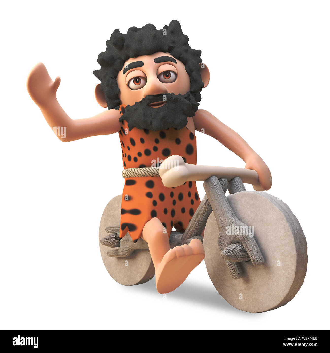 Silly stone age caveman riding on his homemade stone bike, 3d ...