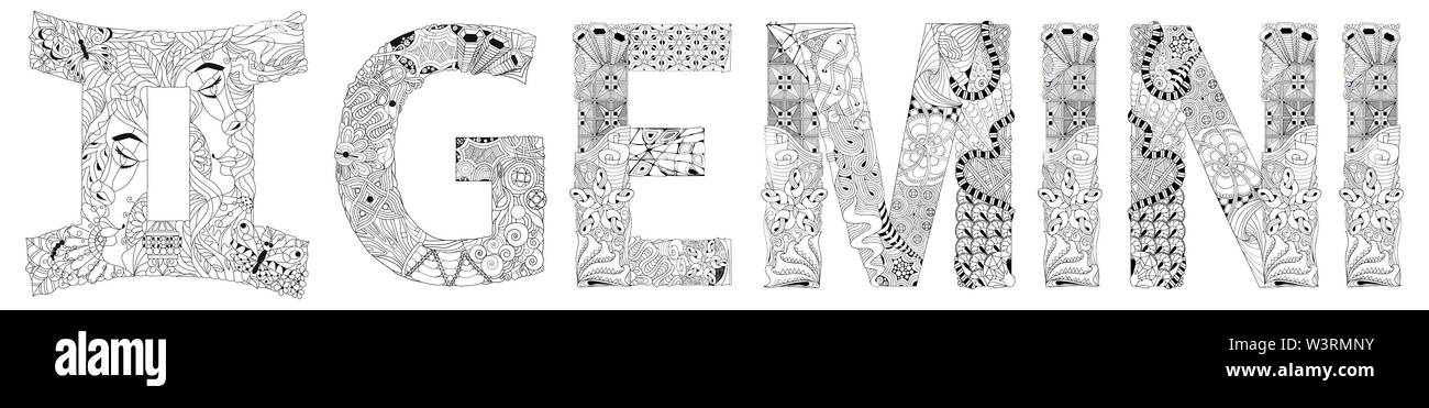 Gemini zodiac sign cute cartoon character retro zentangle stylized in ...