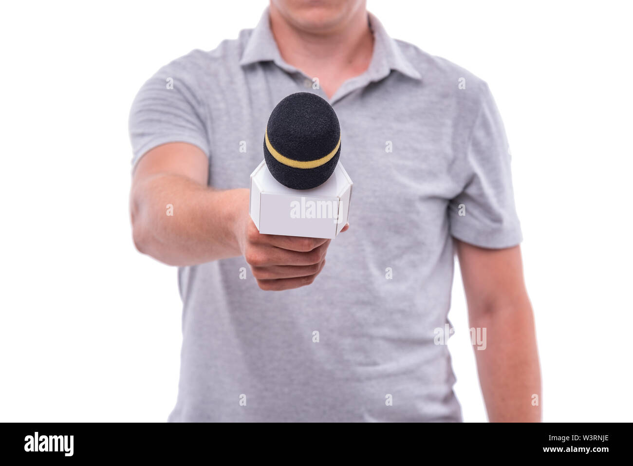 Correspondent or presenter with a microphone on white background Stock ...