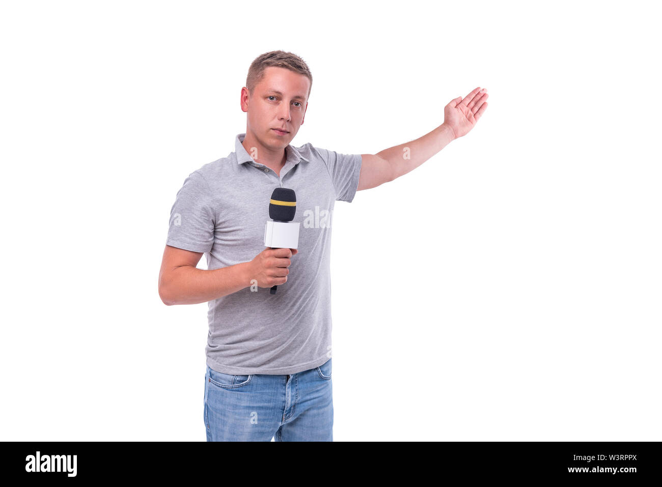 Correspondent or presenter with a microphone on white background Stock ...