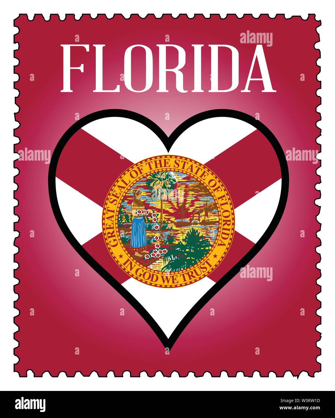 A postage stamp with a love Florida heart and flag over a white ...