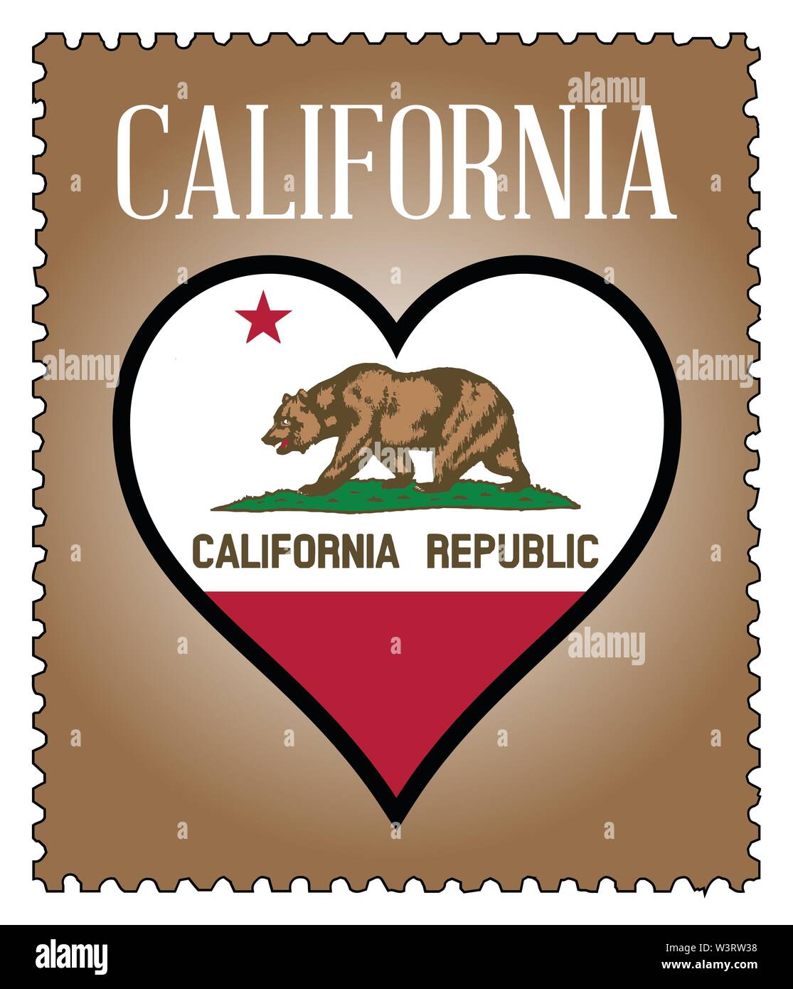 A postage stamp with a love California heart and flag over a white ...