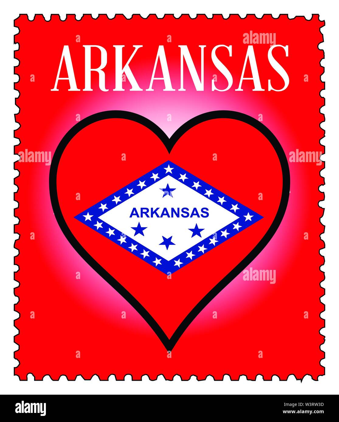 A postage stamp with a love Arkansas heart and flag over a white ...
