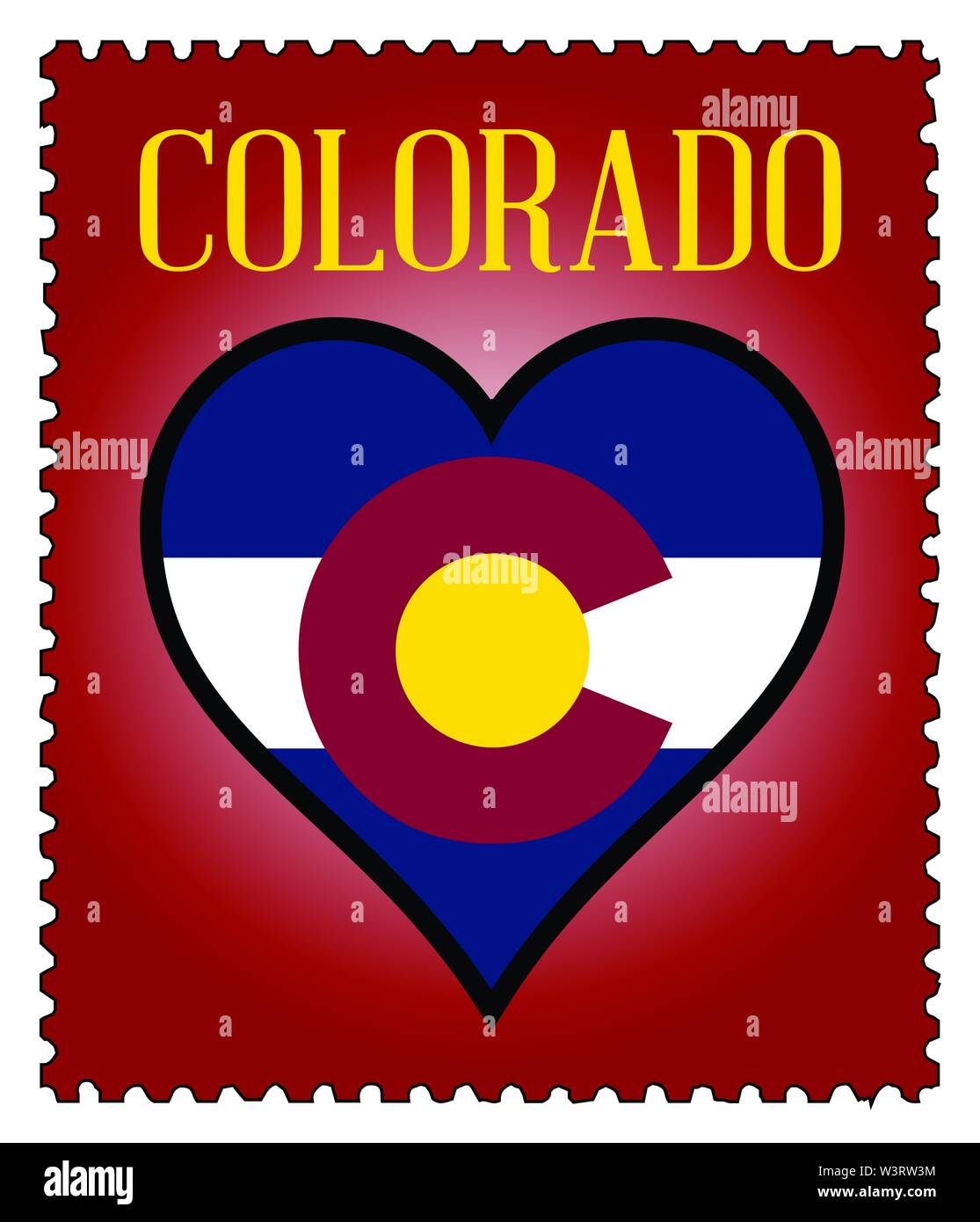A postage stamp with a love Colorado heart and flag over a white ...