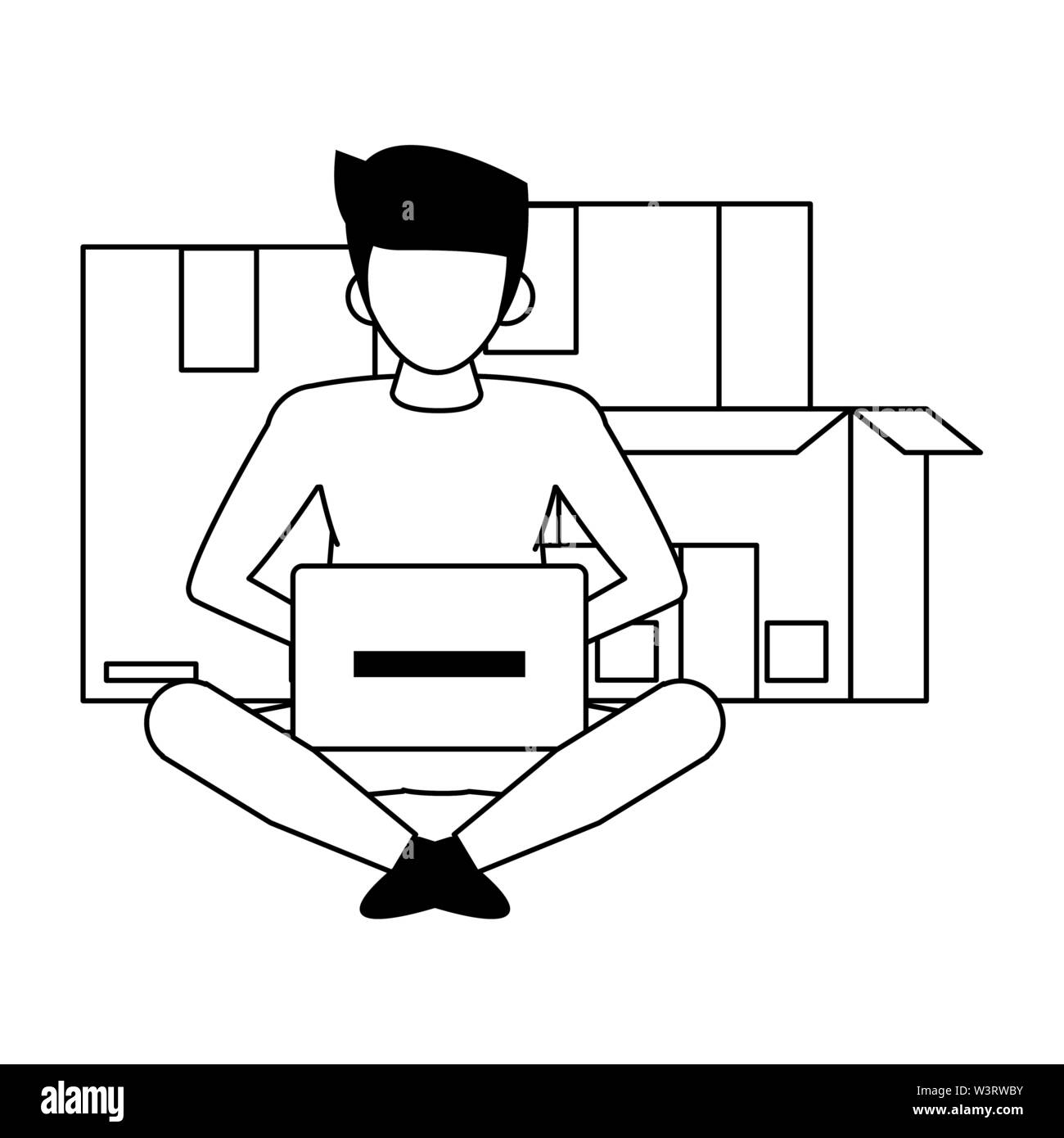 man using laptop computer cartoon in black and white Stock Vector Image ...