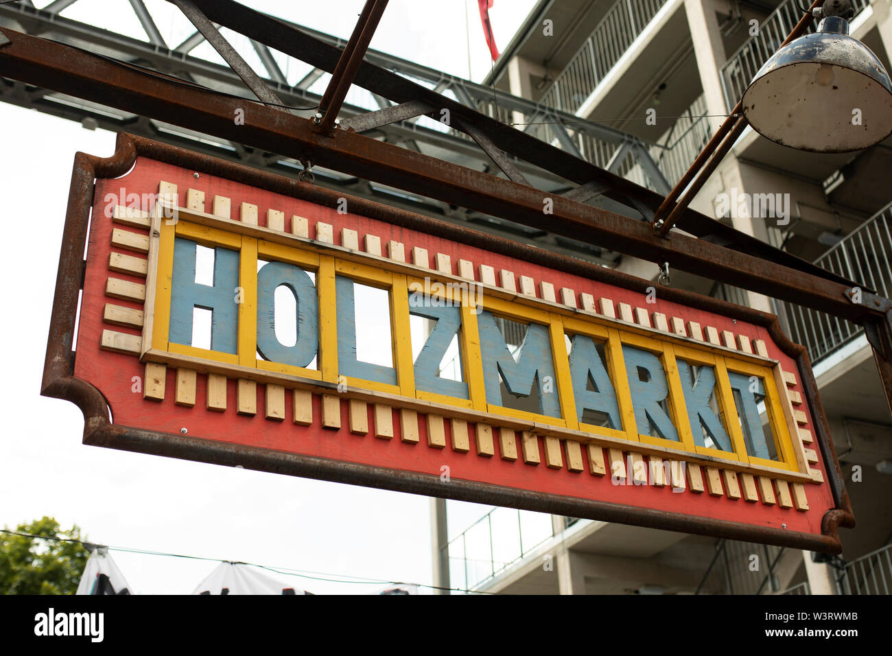 Sign outside the entrance to the Holzmarkt in Berlin, Germany, a ...