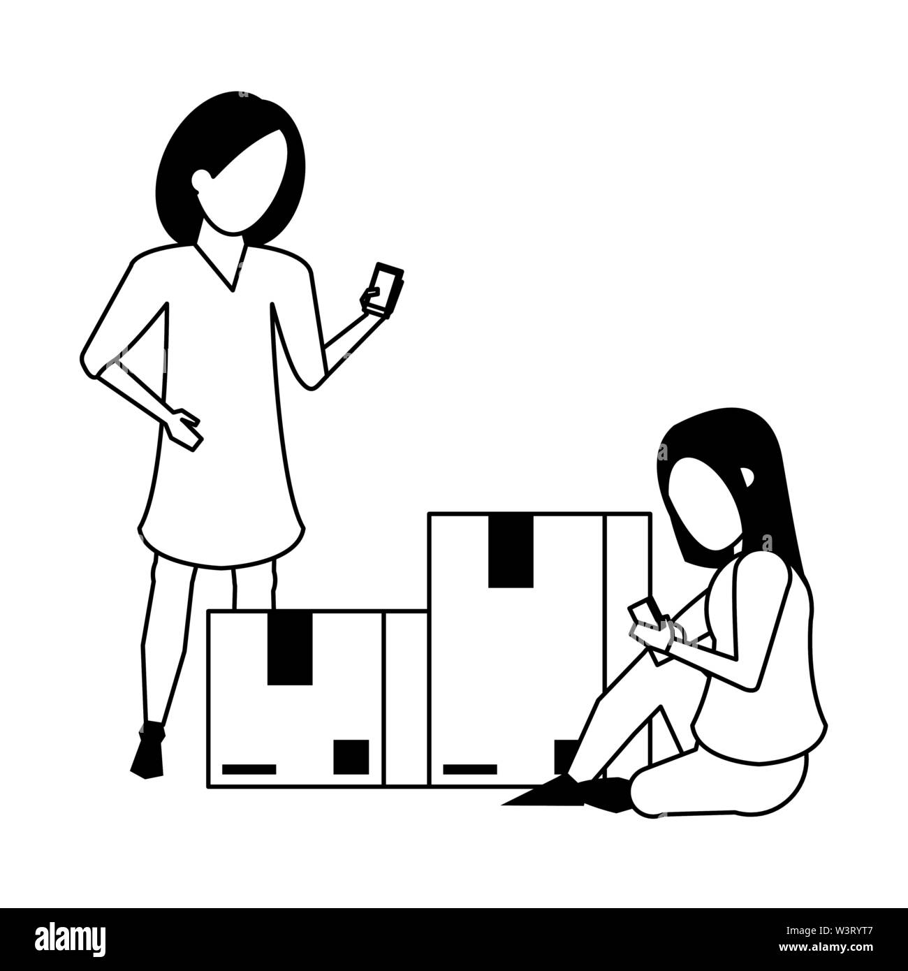 women using smartphone technology cartoon in black and white Stock ...