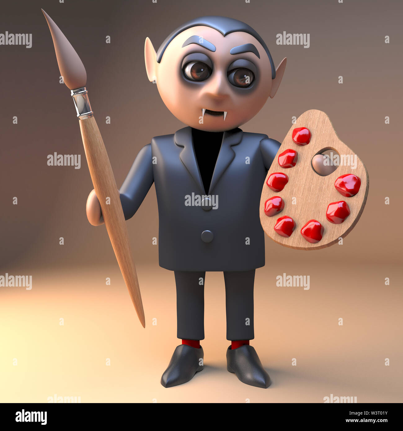 Artistic vampire dracula in 3d holding a paintbrush and palette, 3d ...