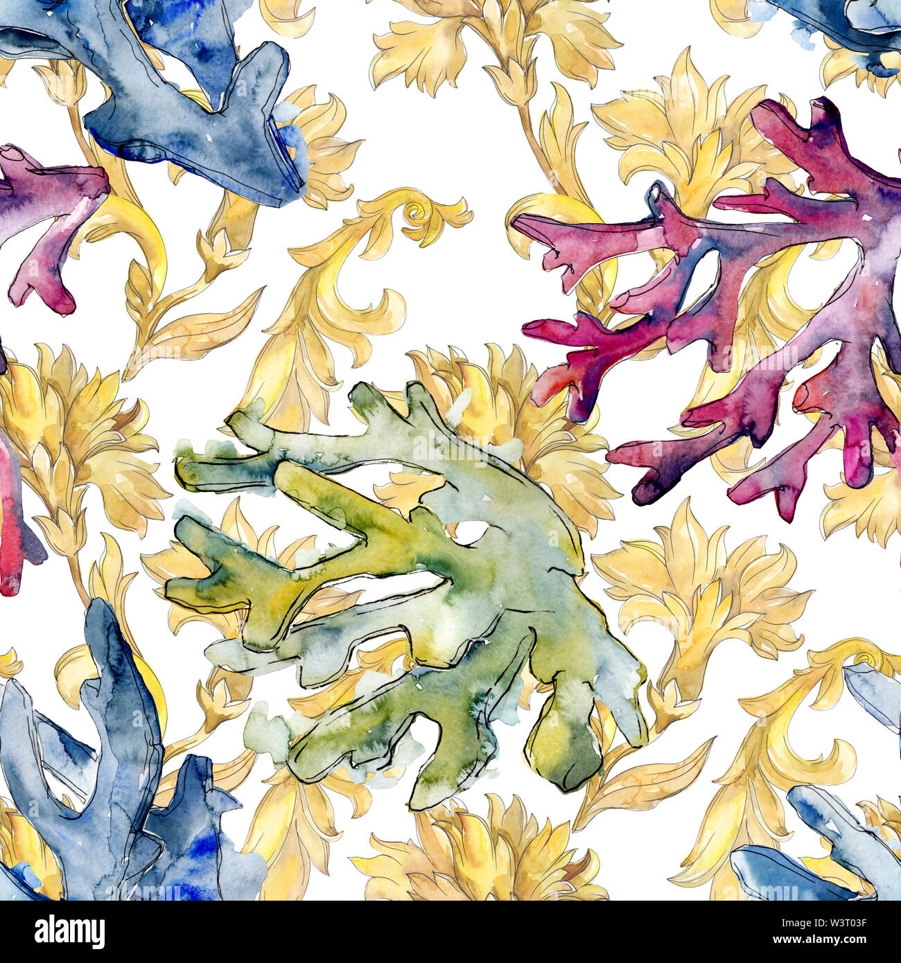 Colorful aquatic underwater nature coral reef. Watercolor background ...