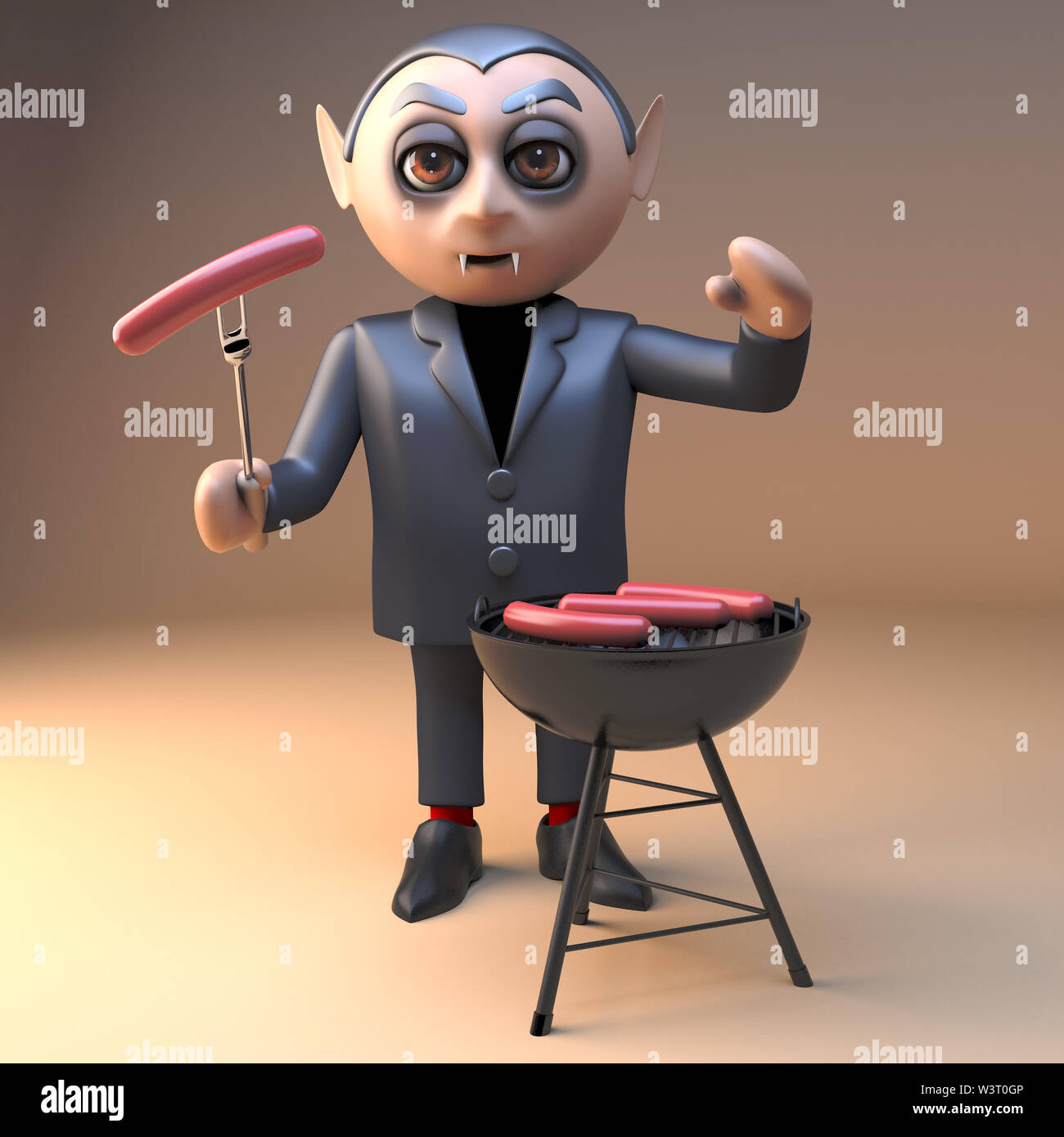 Hungry vampire dracula in 3d cooking blood sausages on a barbecue bbq ...