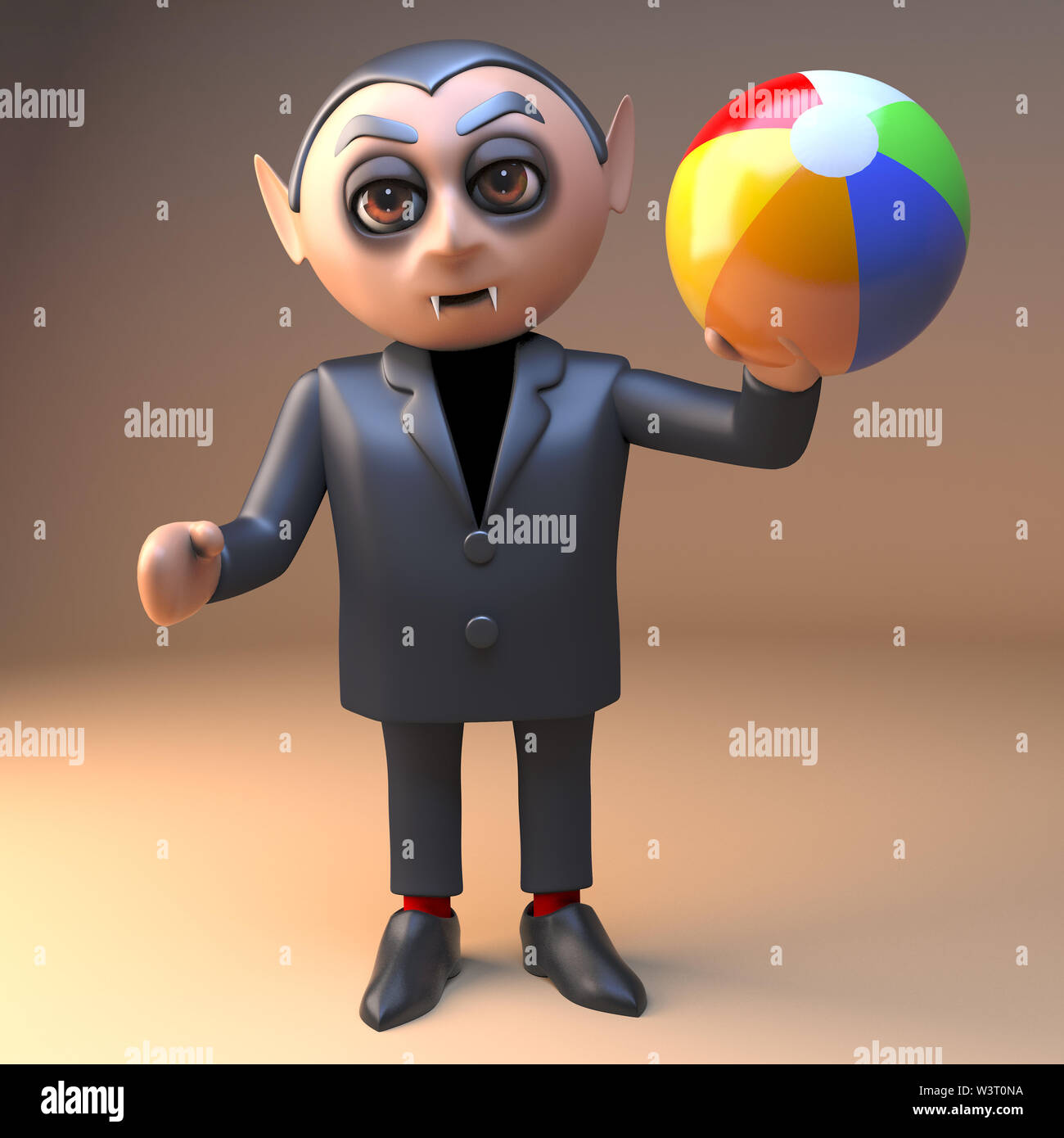 A playful vampire dracula in 3d in holiday mood holding a beach ball ...