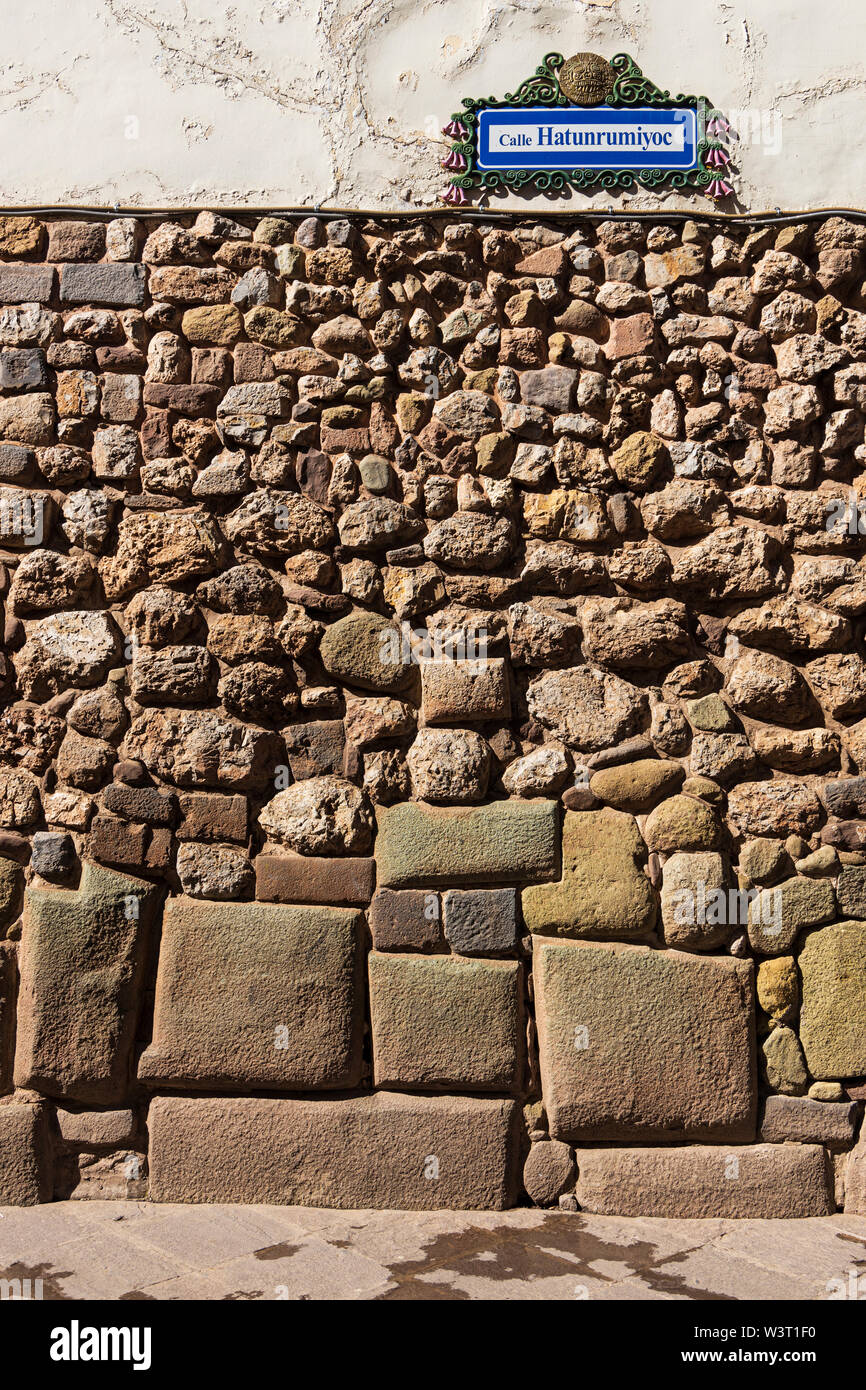 Incan stone walls on Calle Hatunrumiyoc in Cusco, Peru, South America ...