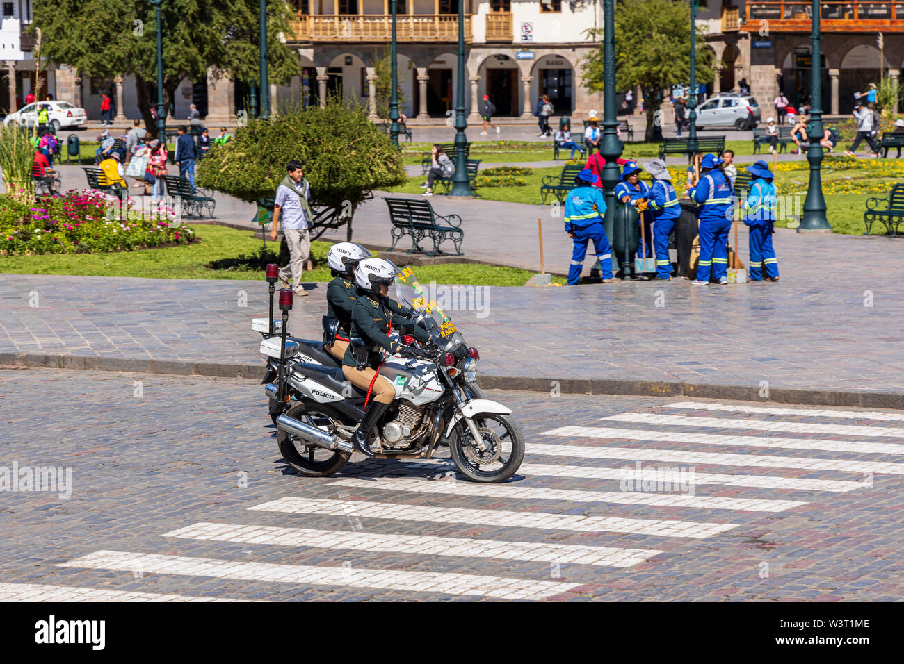 Police motorcyclists in the Plaza de Armas in Cusco, Peru, South ...