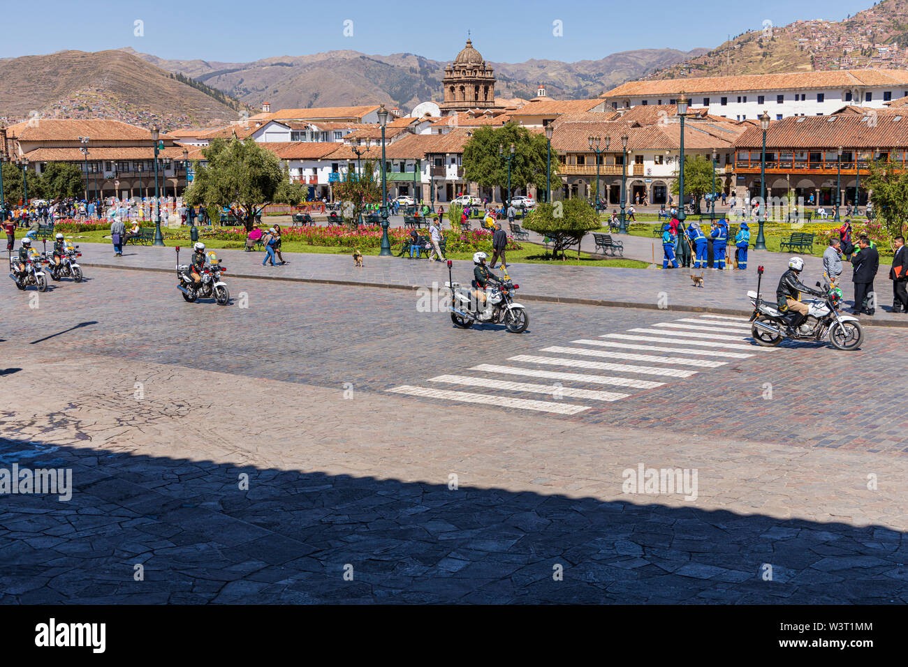 Police motorcyclists in the Plaza de Armas in Cusco, Peru, South ...