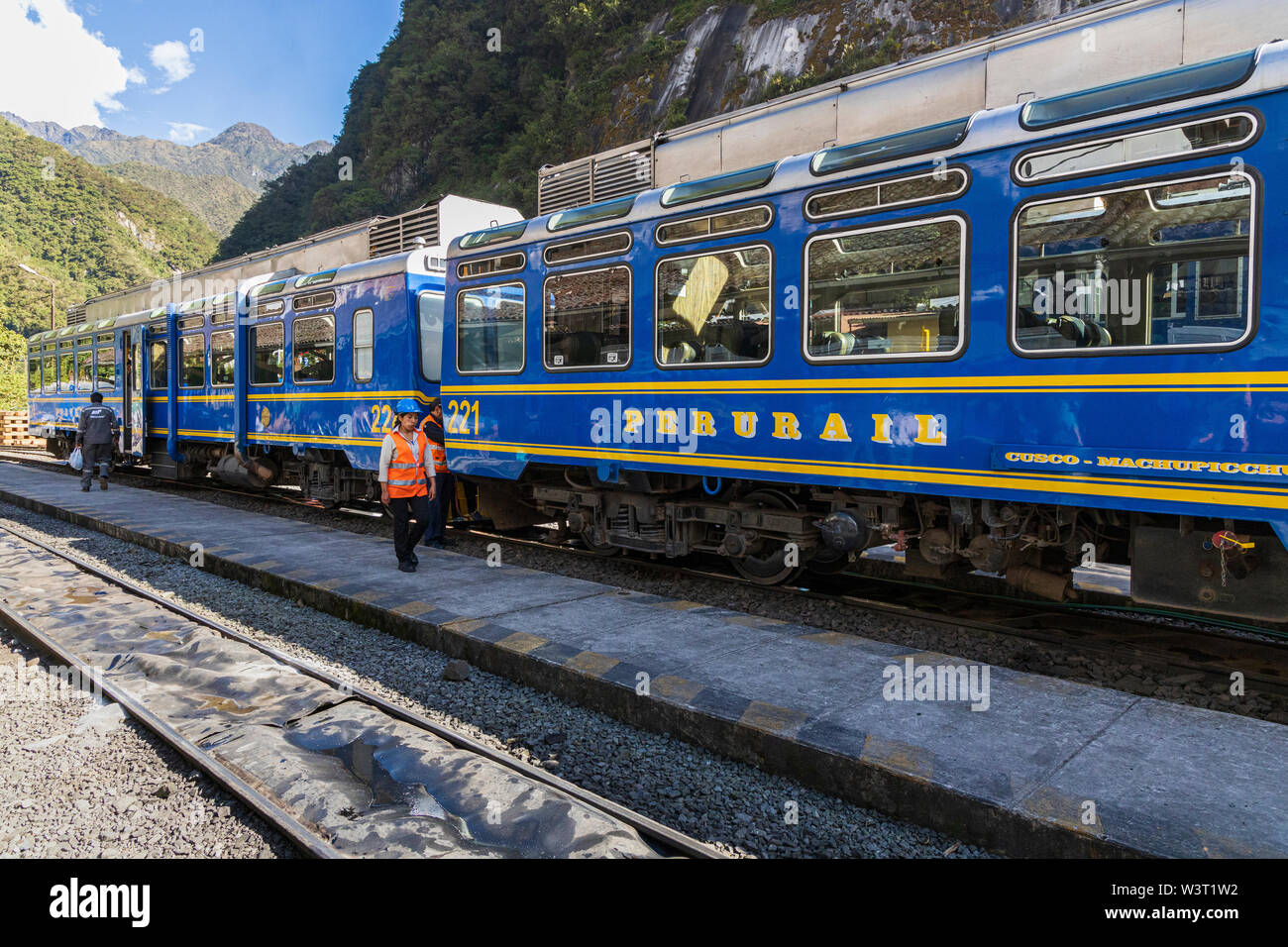 Perurail train at Aguas Calientes station ready to depart for Cusco ...
