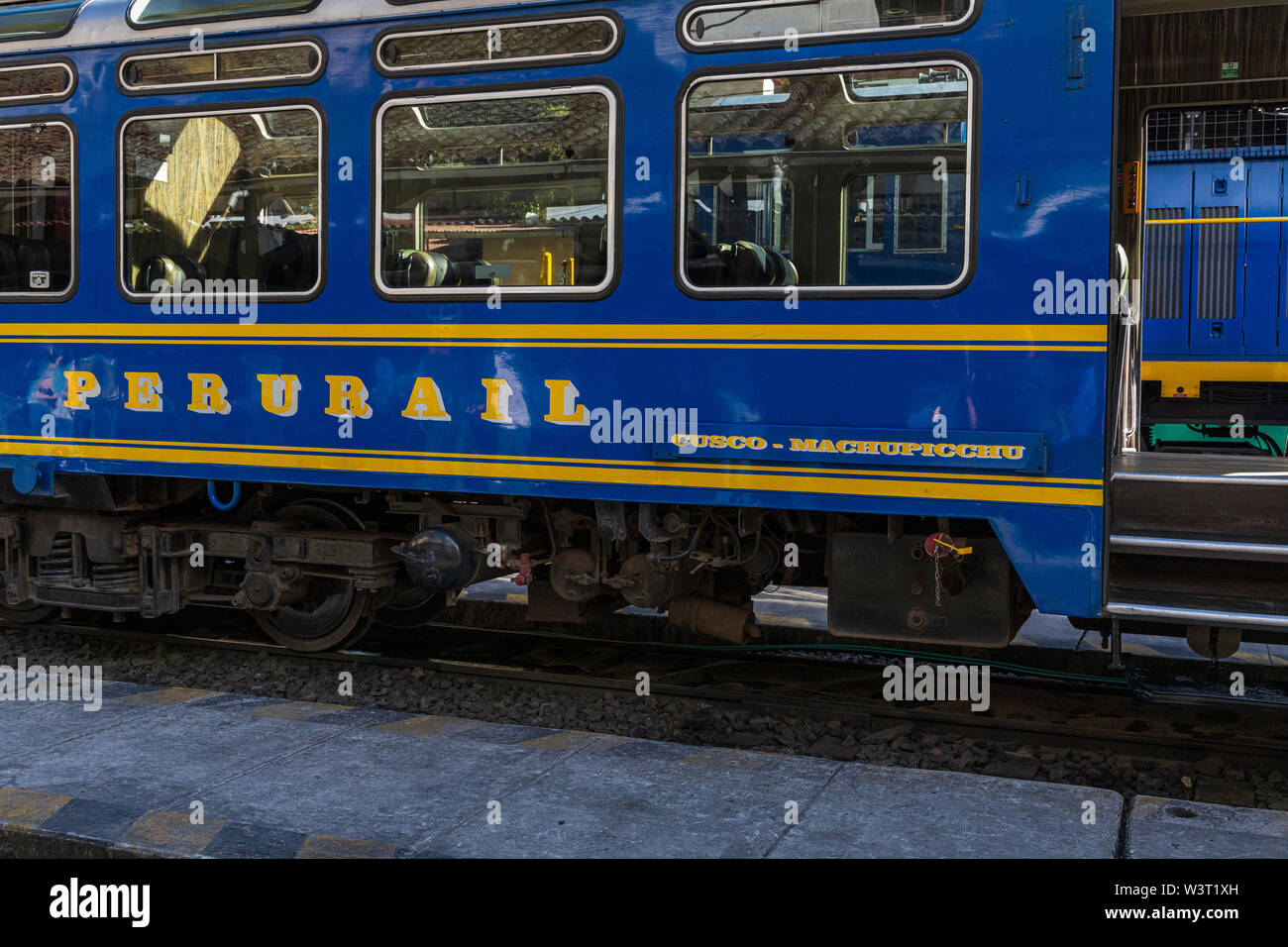 Perurail train at Aguas Calientes station ready to depart for Cusco ...