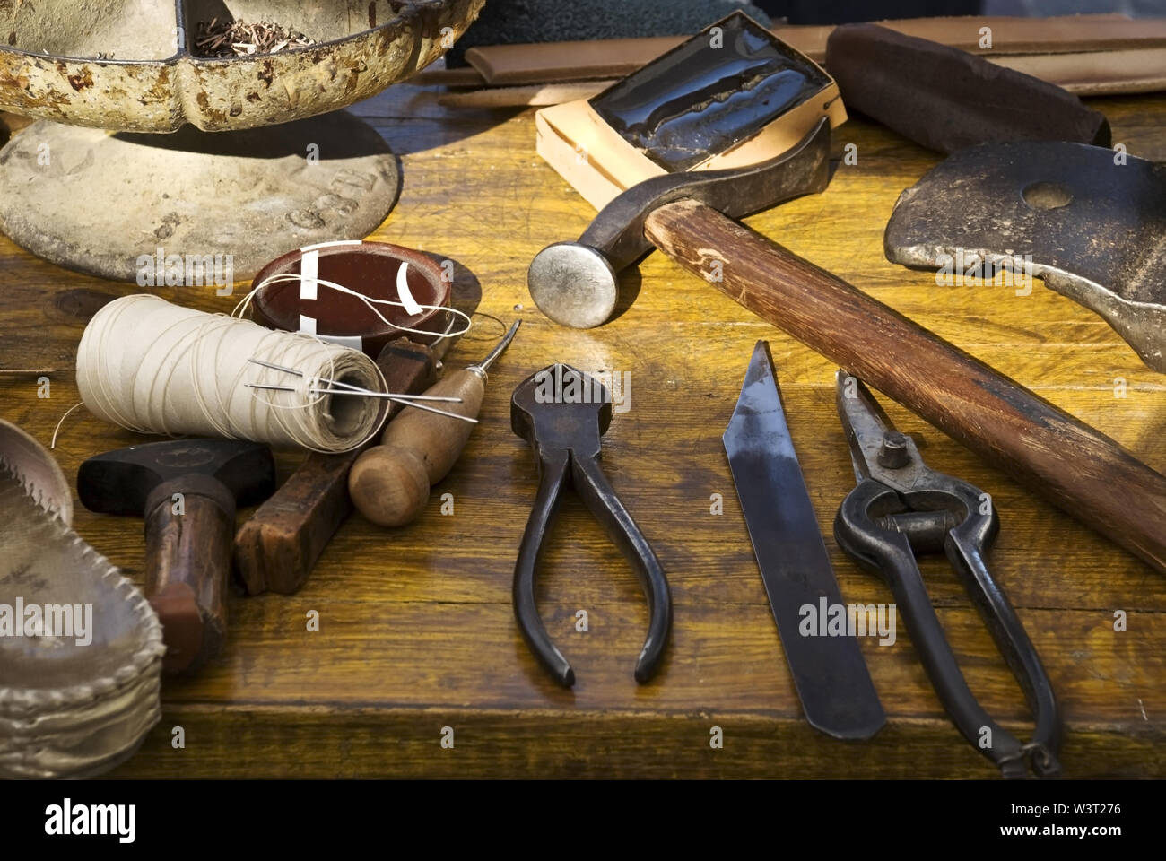small ancient workshop with tools of the old cobbler's craft Stock ...