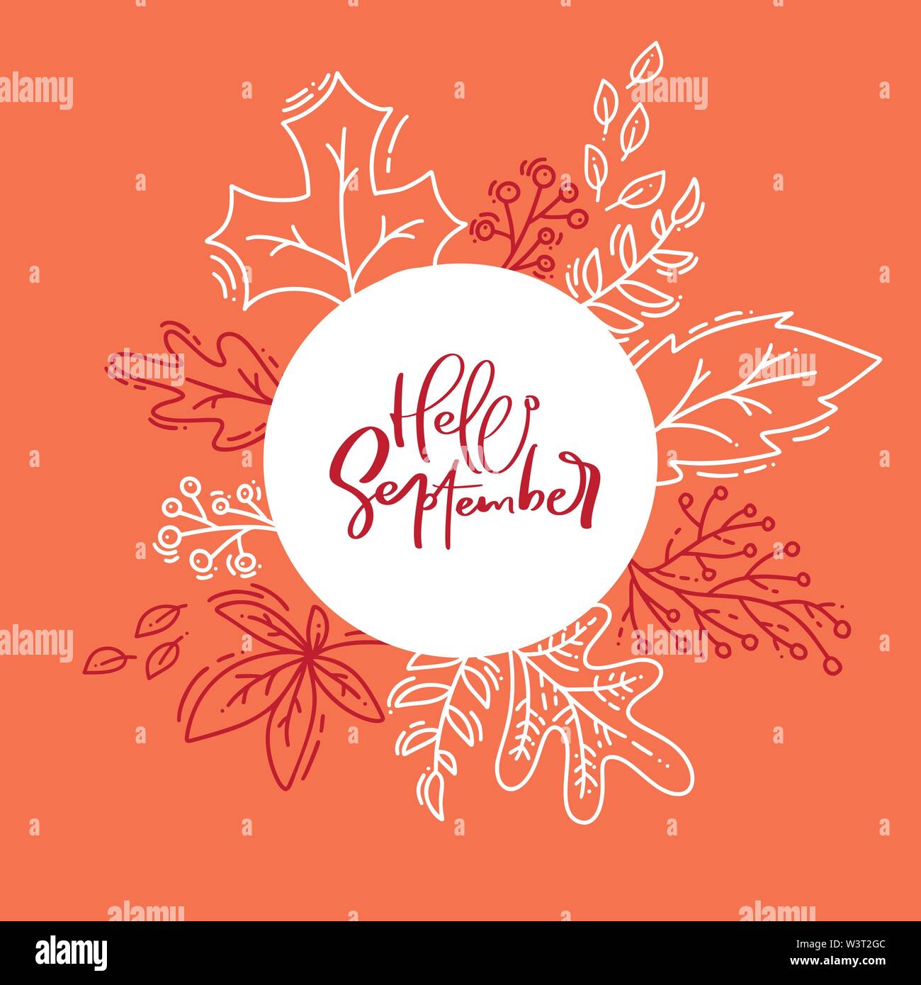 Hand drawn autumn typography poster. White monoline leaves with ...