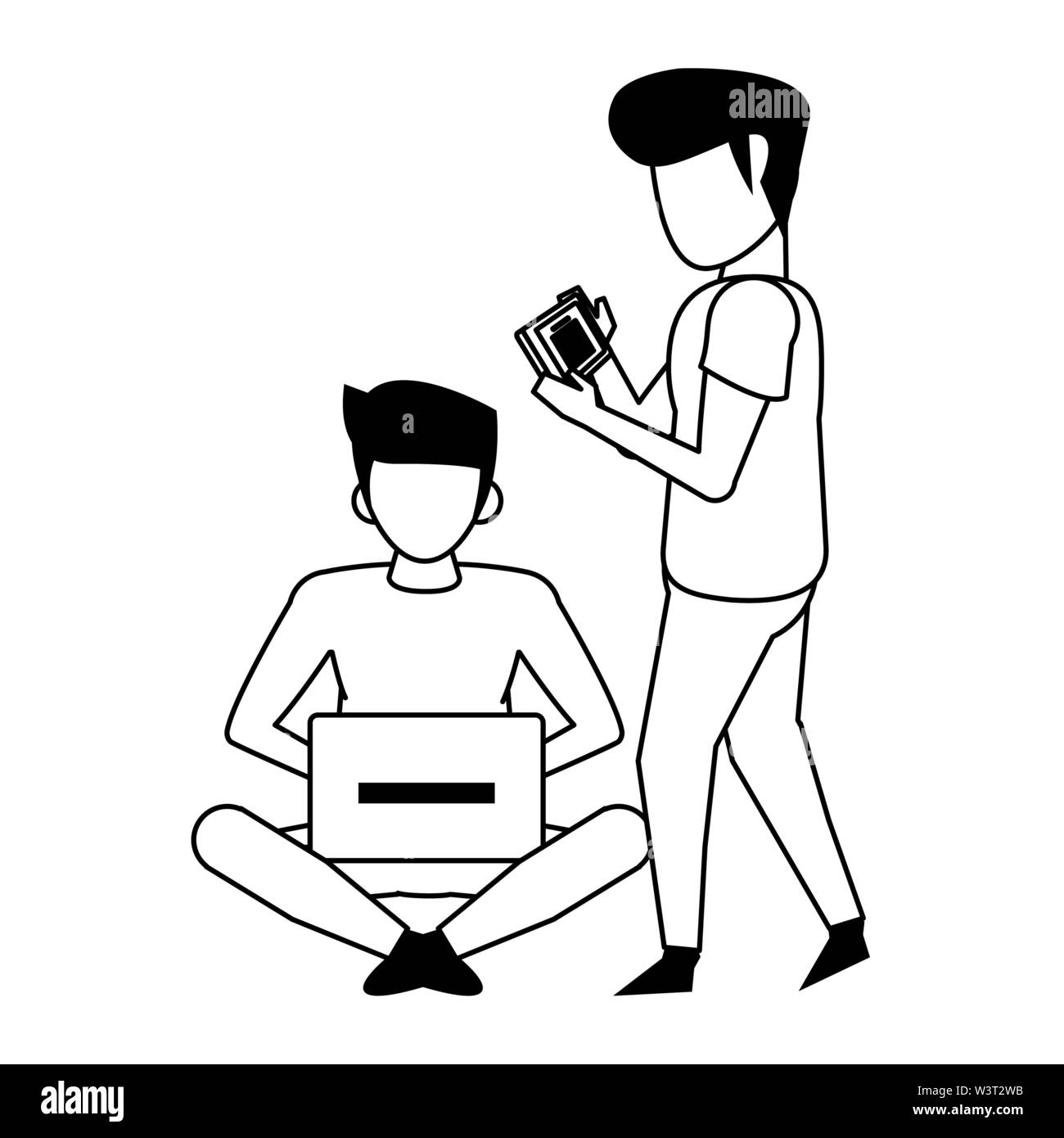 men using technology devices cartoon in black and white Stock Vector ...
