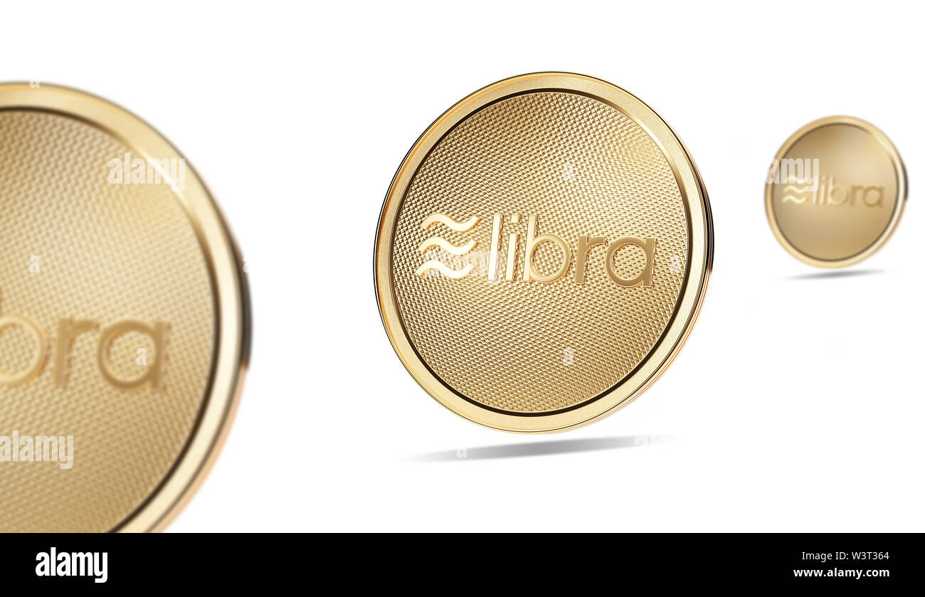 Concept of golden Libra coins with logo on front. New project of ...