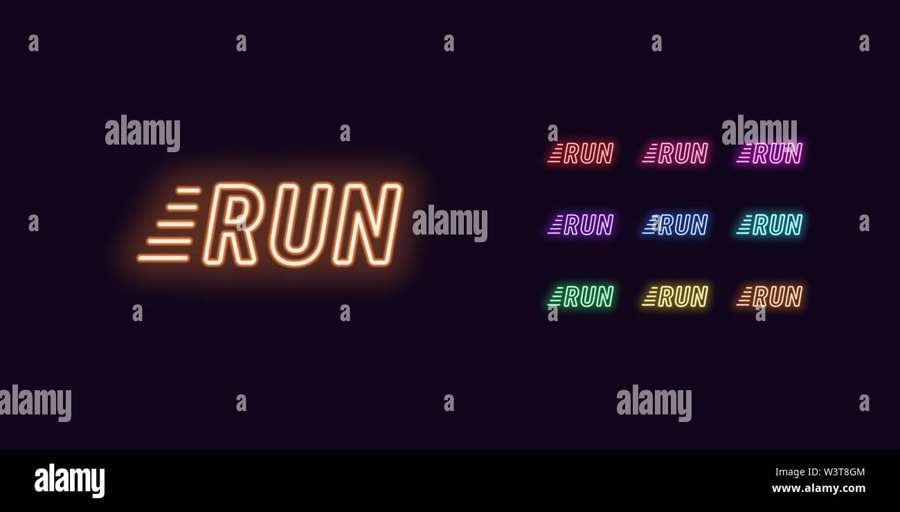 Neon text Run, expressive Title. Set of glowing RUN word in Neon style ...