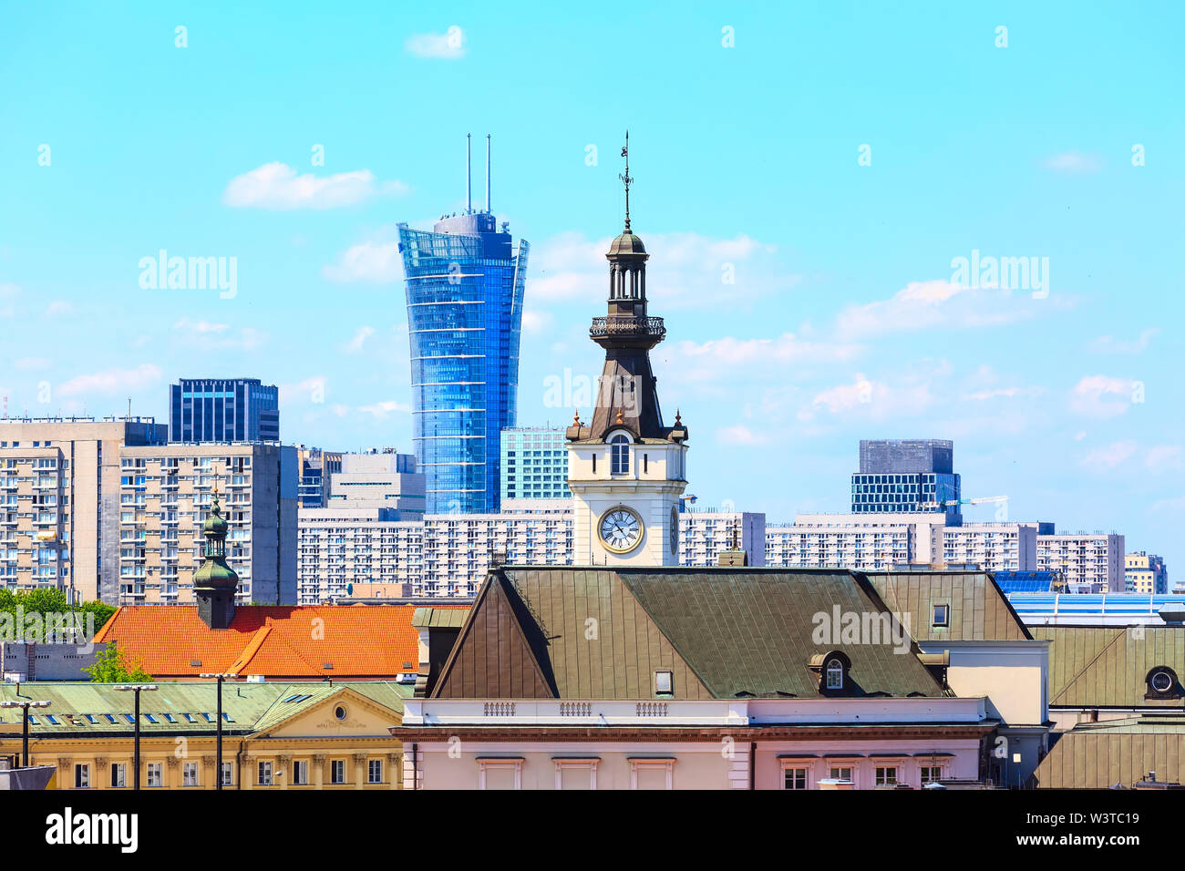 Warsaw, Poland modern skyscrapers and old colorful houses in Old Town ...