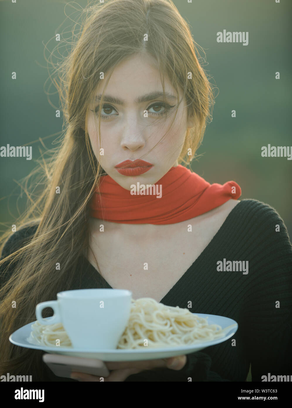 Diet and healthy organic food, italy. diet of young woman with pasta ...