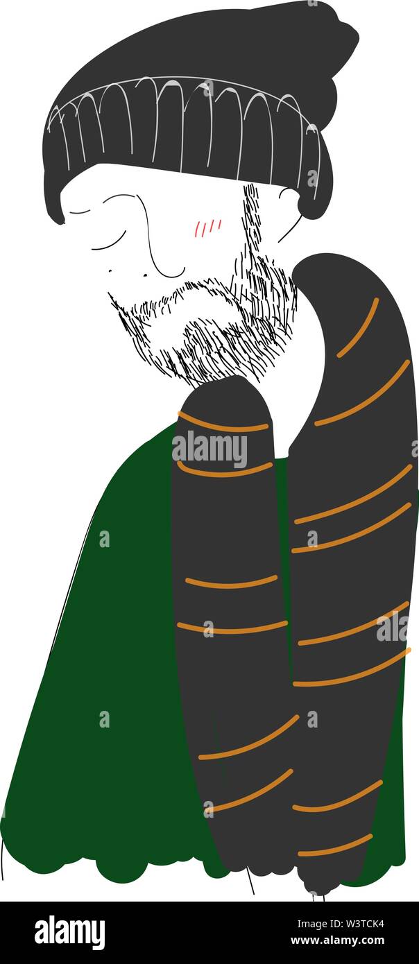 A beard man with a gray hat, gray scarf and a green shirt, cartoon ...