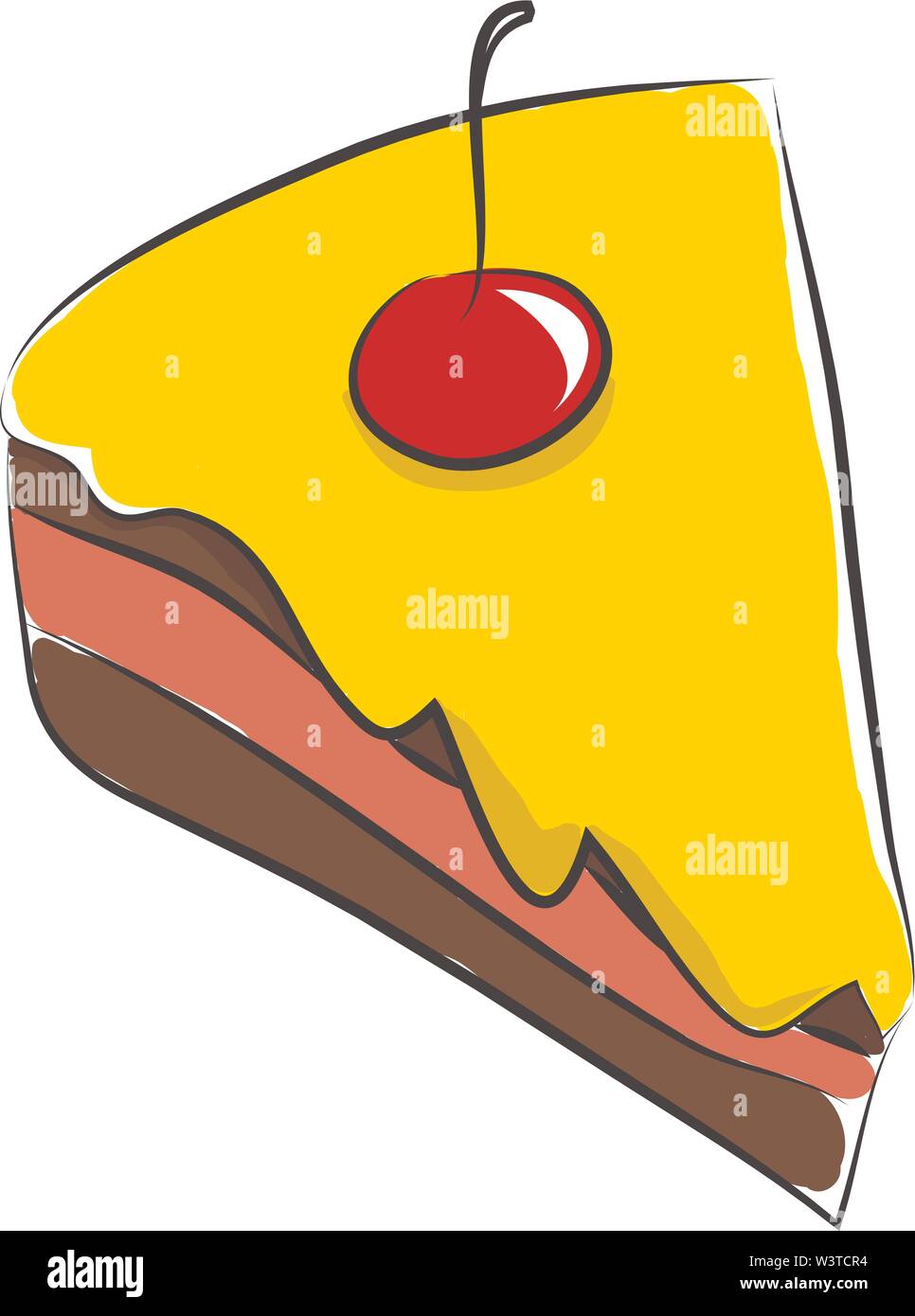 A yellow filled icing cake with cherry on top, vector, color drawing or ...