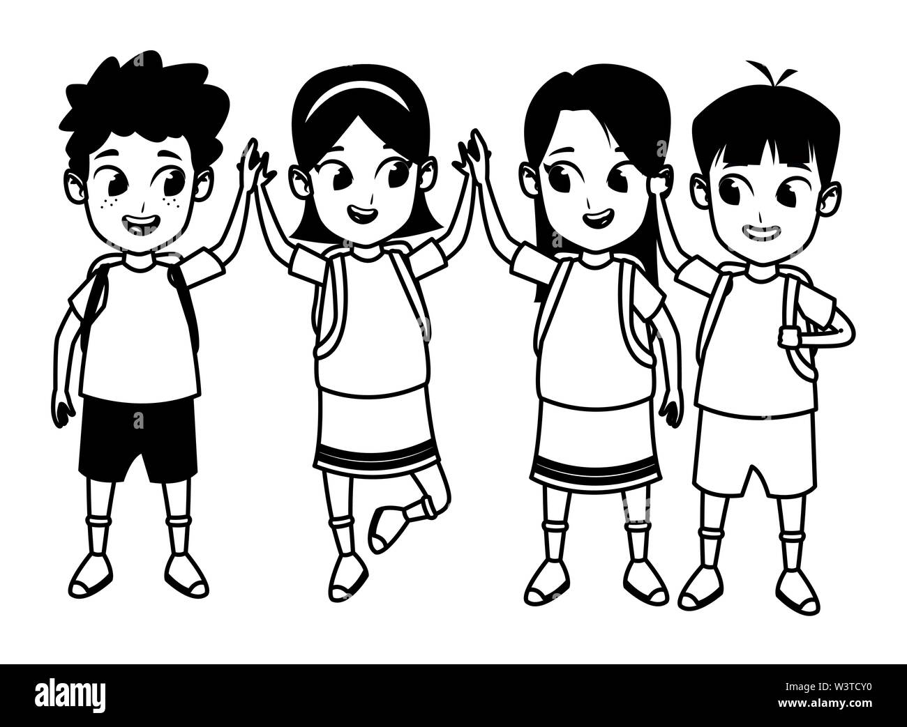 childhood cute school students cartoon in black and white Stock Vector ...