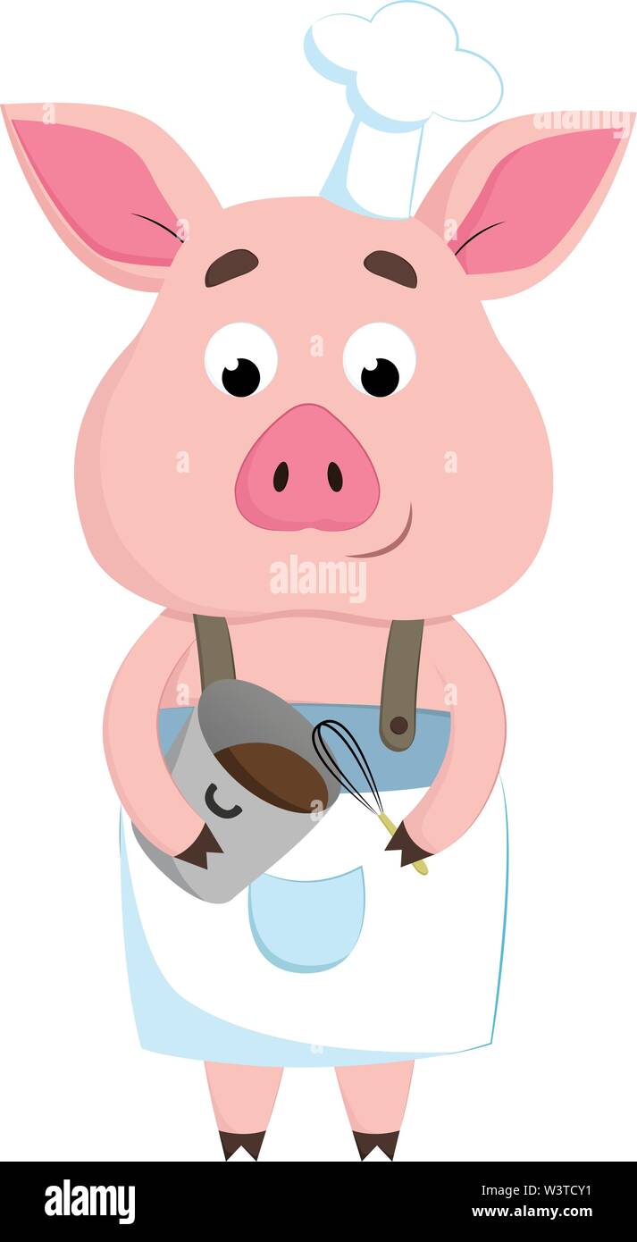 A happy chef pig wearing an apron and a chef hat, vector, color drawing ...