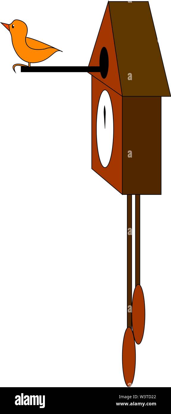 A brown clock with a yellow bird, vector, color drawing or illustration ...