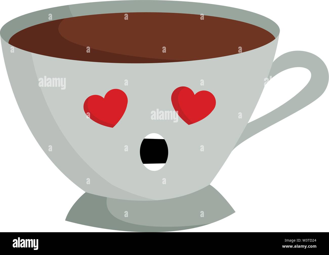 A cartoon of a cup of coffee with a red heart shaped eyes, vector ...