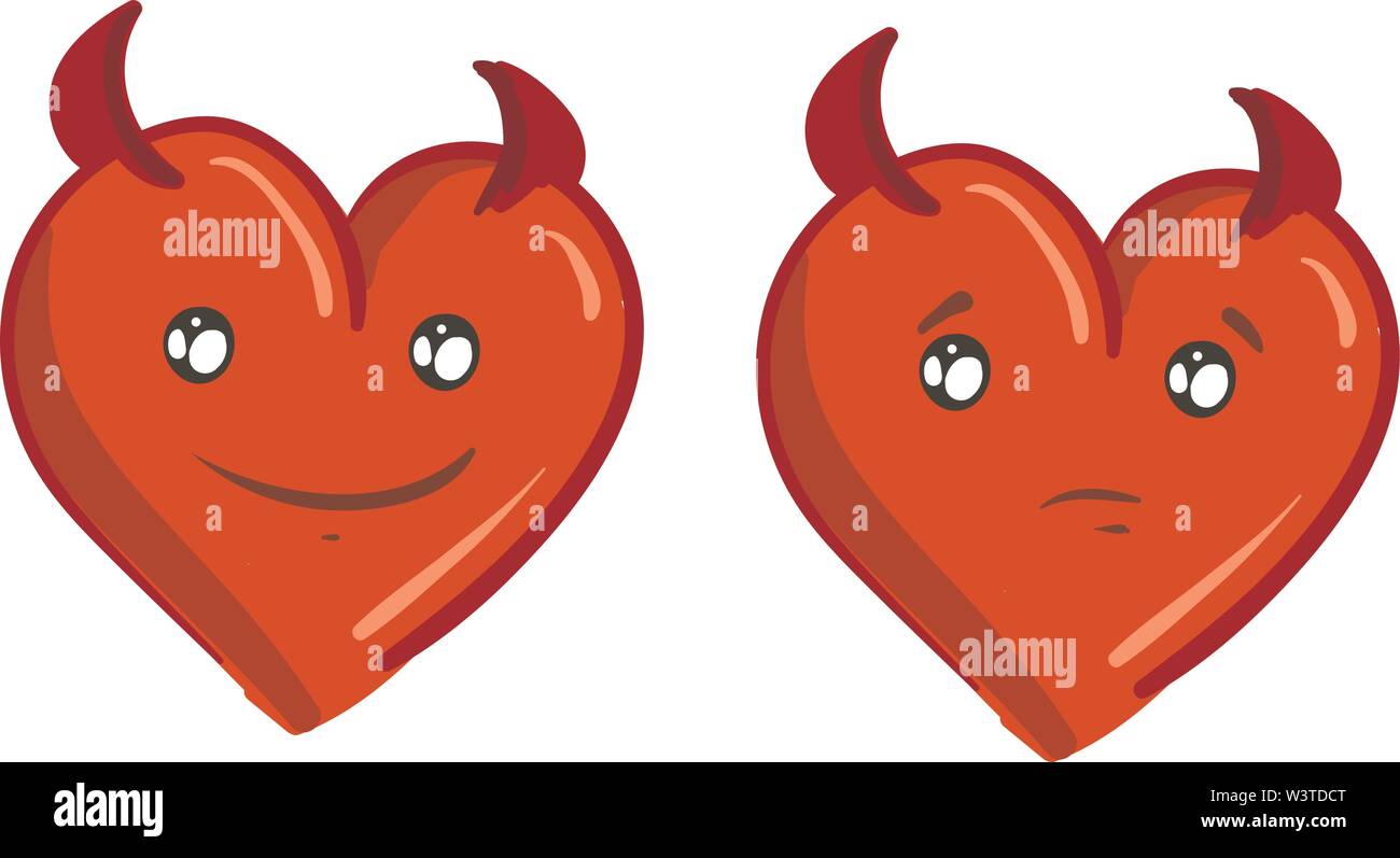 A cartoon of a 2 red devil hearts with sparkling eyes, vector, color ...