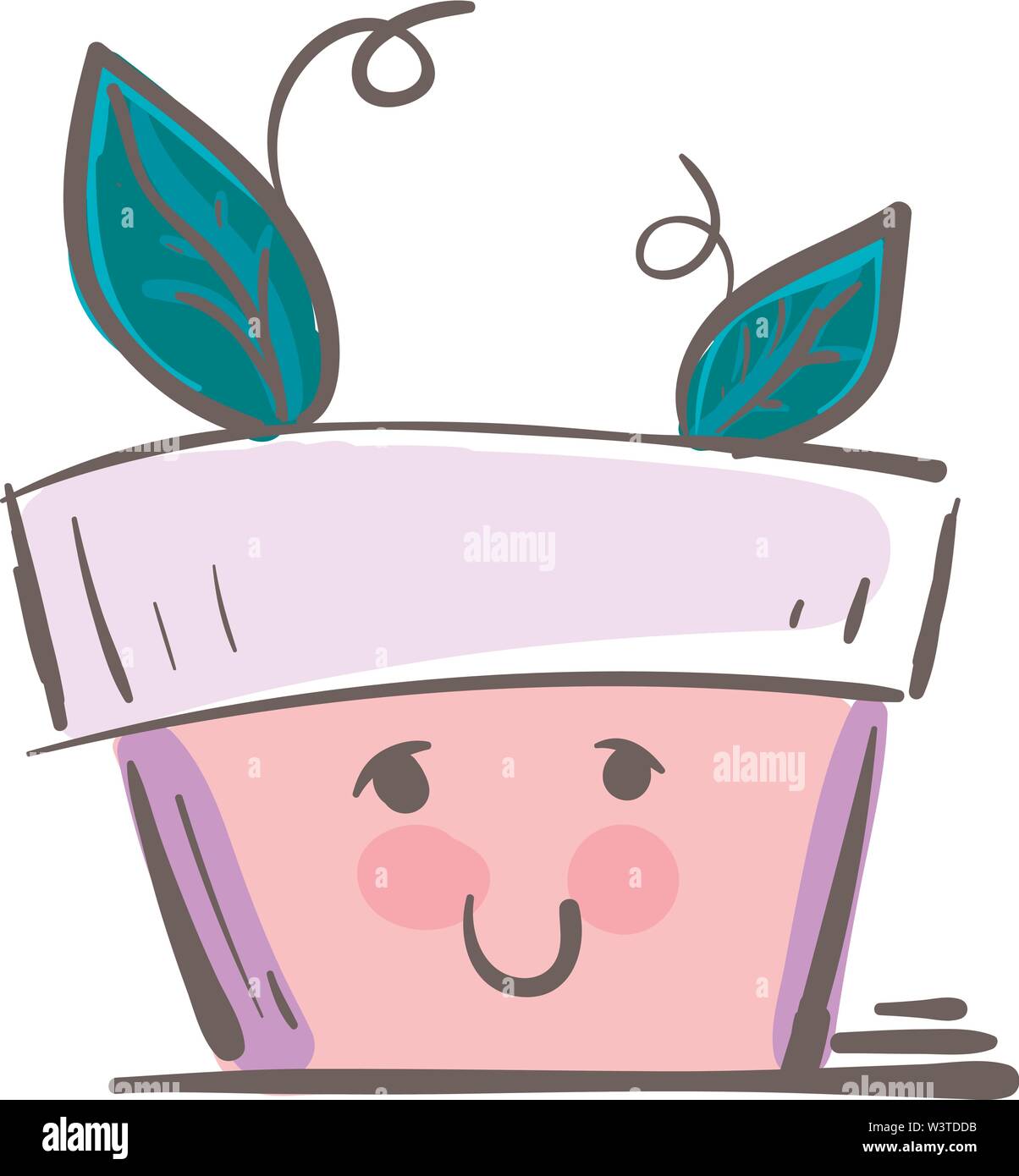 A cartoon of a happy and cute pink pot with a plant inside, vector ...