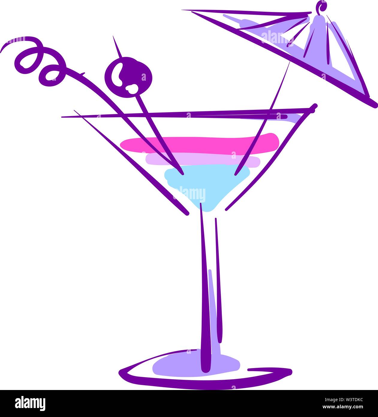 An exotic cocktail in a purple cocktail glass, vector, color drawing or ...