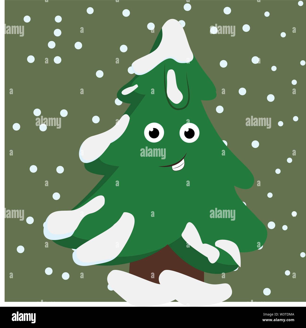 A cartoon of a happy fir tree in the snow, vector, color drawing or ...